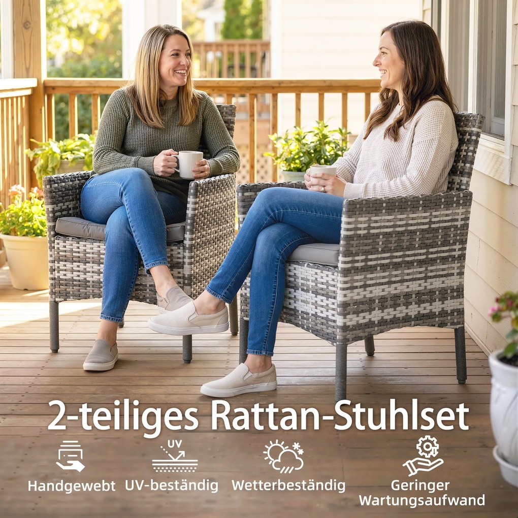 Outsunny sada 2 zahradních židlí Polyratanový zahradní nábytek se 2 křesly Odnímatelné polštáře Ocelový rám Šedá barva