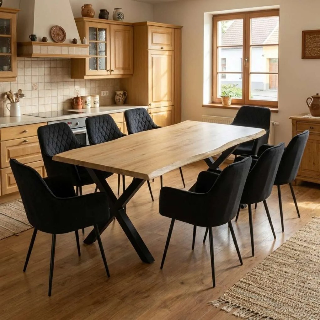 Vikio Jídelní set pro 8 osob 180x90 cm soft dub noha X černá židle s područkami VJS228-8C