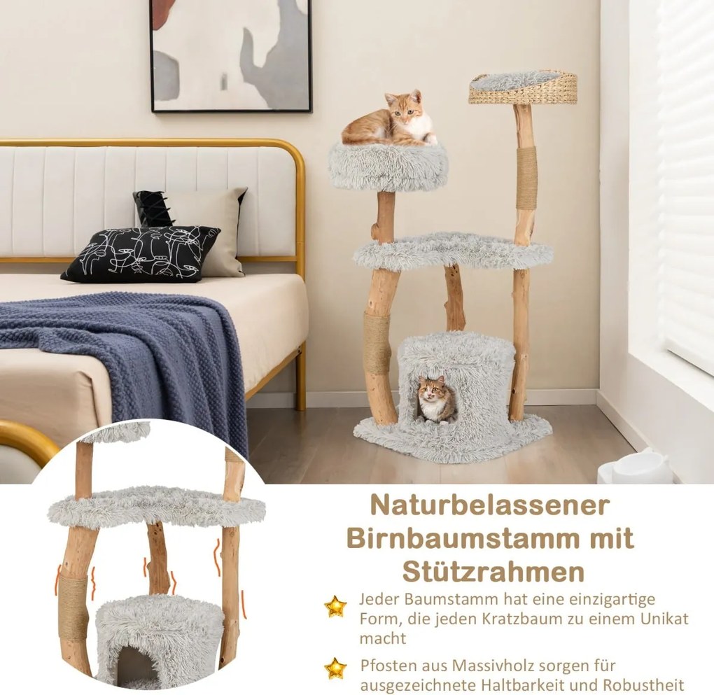 Costway 124 cm dřevěné škrabadlo s kočičí jeskyní a plyšovým sedákem a sedací