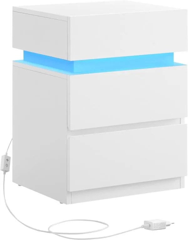 Noční stolek s LED osvětlením, 3 zásuvky, bílý