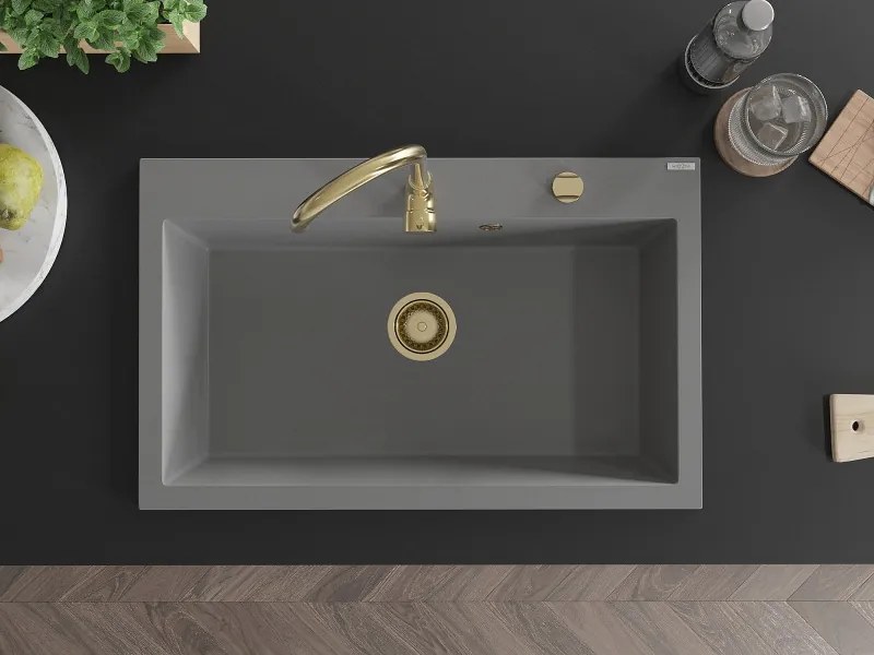 Mexen Elix, 1-korový granitový dřez 800 x 500 mm, šedá, zlatý sifon, 6527801005-71-G