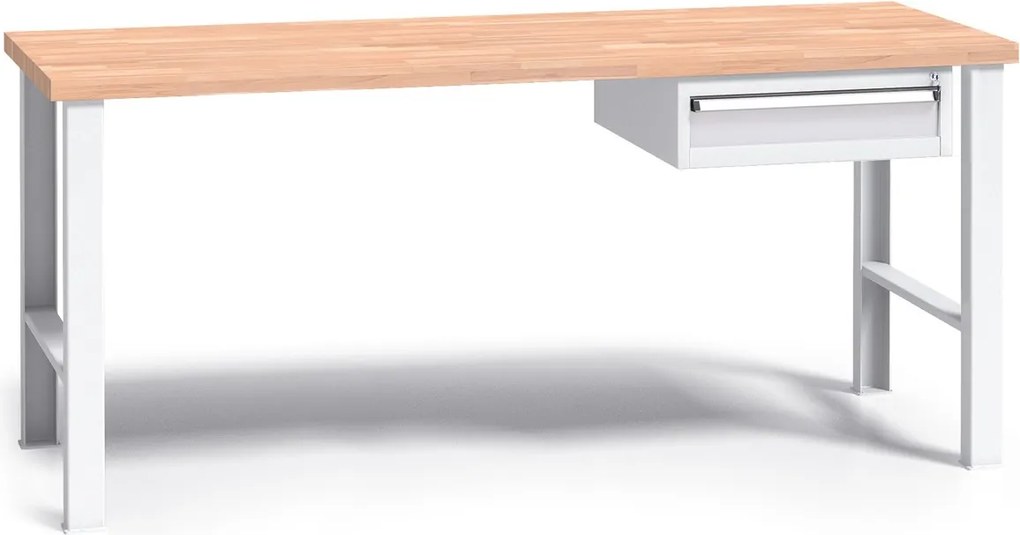 Pracovní stůl do dílny G3 se závěsným boxem na nářadí, buková spárovka, 1 zásuvka, pevné kovové nohy, 1700 mm, šedá