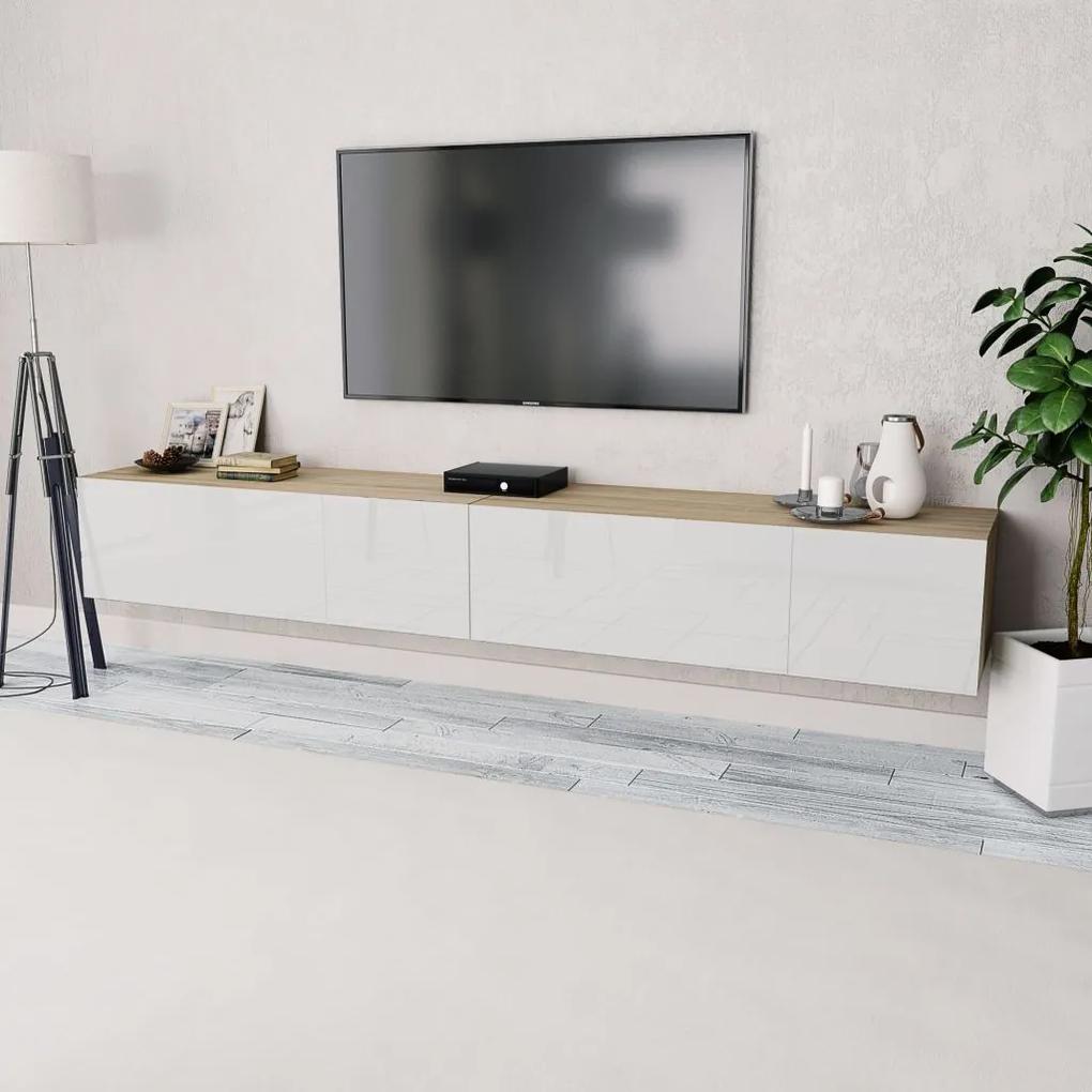 TV stolek Earle - 2 ks - 120 x 40 x 34 cm | bílý vysoký lesk + dub