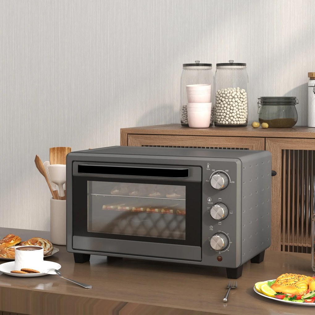 HOMCOM Mini trouba 21L 1400W 60 min. časovač, malá trouba s nastavitelnou dobou pečení 100 °C-230 °C, mini trouba s pečicím plechem, drátěný rošt, ne…