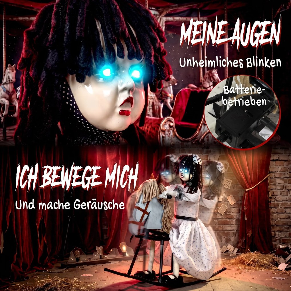HOMCOM Animovaná Halloween dívka na houpacím koni s hrůzostrašnými rýmy, svítícíma očima a aktivací zvukem / dotykem