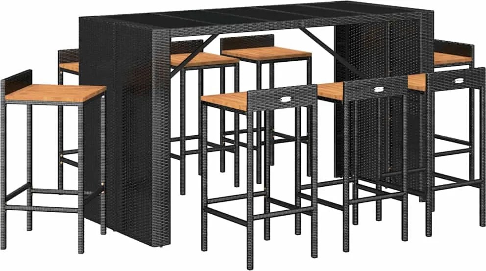 9dílný zahradní barový set černý polyratan a masivní akácie 3187688