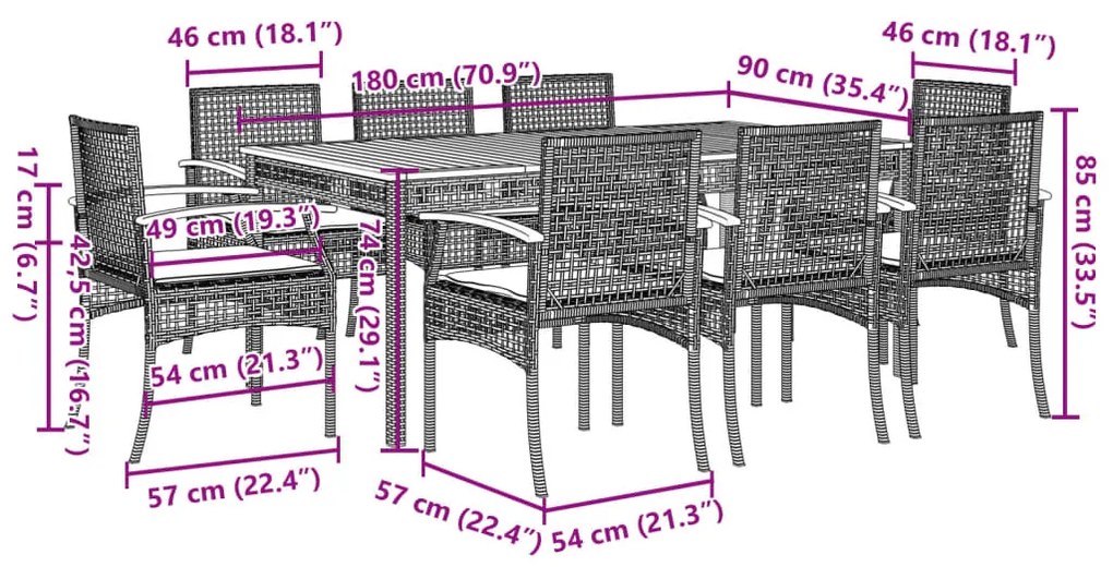 9dílný zahradní jídelní set s poduškami béžový polyratan