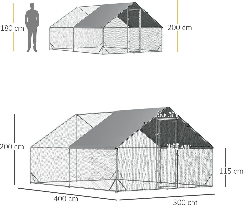 PawHut XXL kurník pro slepice s volným výběhem Drůbežárna se stínící střechou se zámkem pro 8-12 slepic Kachna Králík Ocel 3 x 4 x 2 m | Aosom