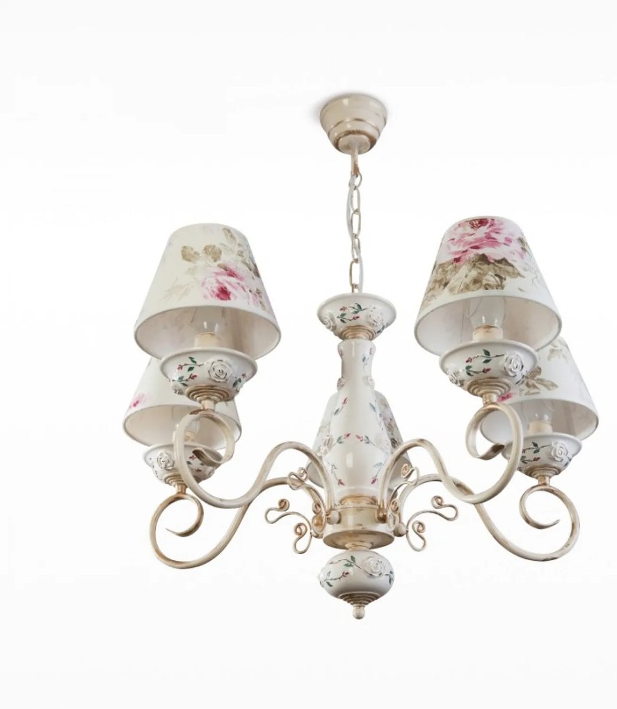 Light for home - Závěsný lustr na řetězu s pěti textilními stínidly 10605 "AURORA", 5x40W, E14, béžová, zlatá