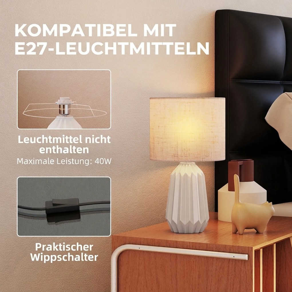 HOMCOM Stolní lampa, lampička na stůl, noční lampička s lněným stínidlem, kolébkový spínač, lampička na psací stůl, 22 x 39 cm, béžová