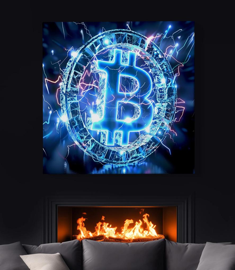 Obraz na plátně - Bitcoin, modré zářící logo FeelHappy.cz Velikost obrazu: 140 x 140 cm