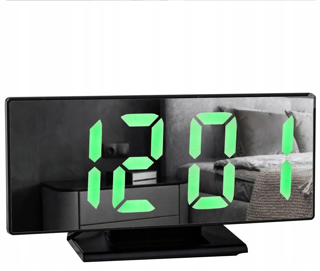 ISO 10721 Multifunkční zrcadlové hodiny s budíkem a teploměrem černé