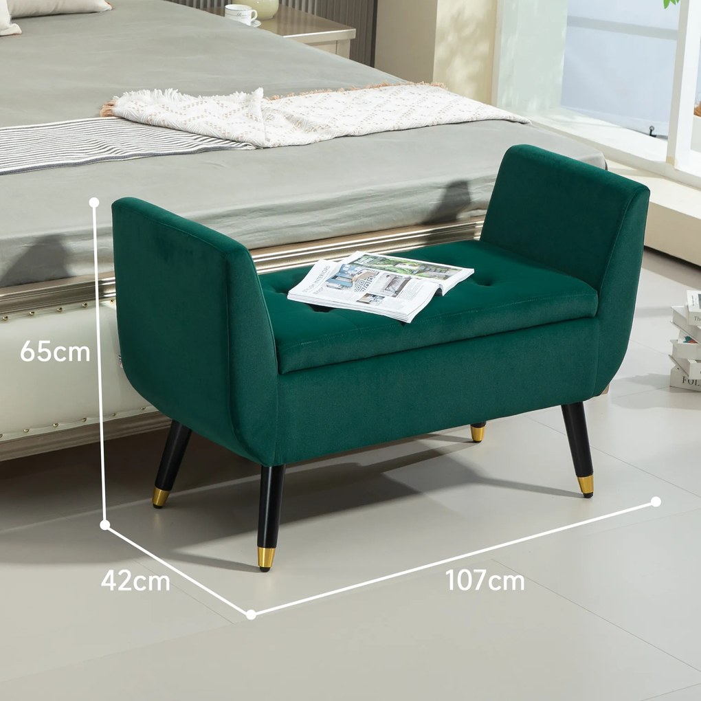 HOMCOM Luxusní sedací lavice Čalouněná lavice s úložným prostorem Područky Truhlicová lavice Sametový polyester kaučukovník Zelená 107 x 42 x 65 cm