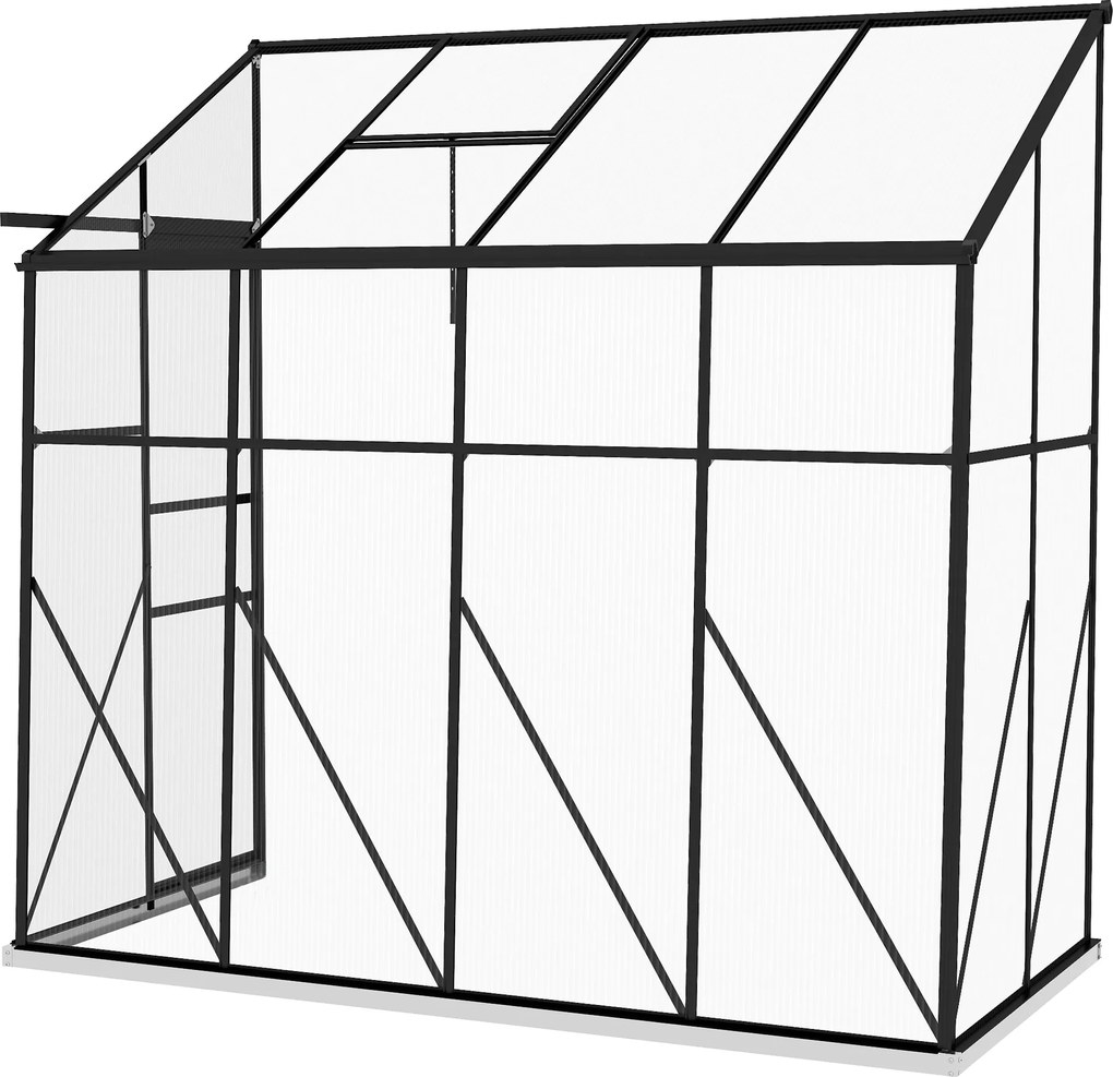 Přístěnné skleníky Outsunny, polykarbonátový zahradní skleník se skládacími dveřmi, 5 úrovní střešního větrání, hliníkový rám a základna, černý | Aoso