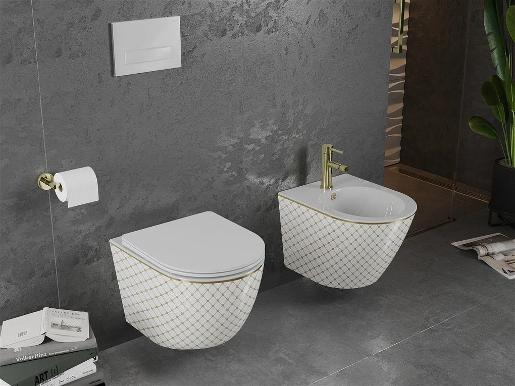 Mexen Lena, závěsný bidet 480x370x325 mm, bílá - zlatý vzor, 35224809