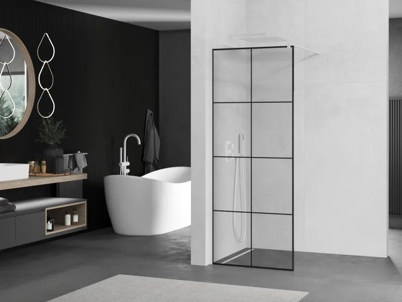 Mexen Kioto, Walk-In sprchová zástěna 70 x 200 cm, 8mm sklo čiré/černý vzor, bílý profil, 800-070-101-20-77