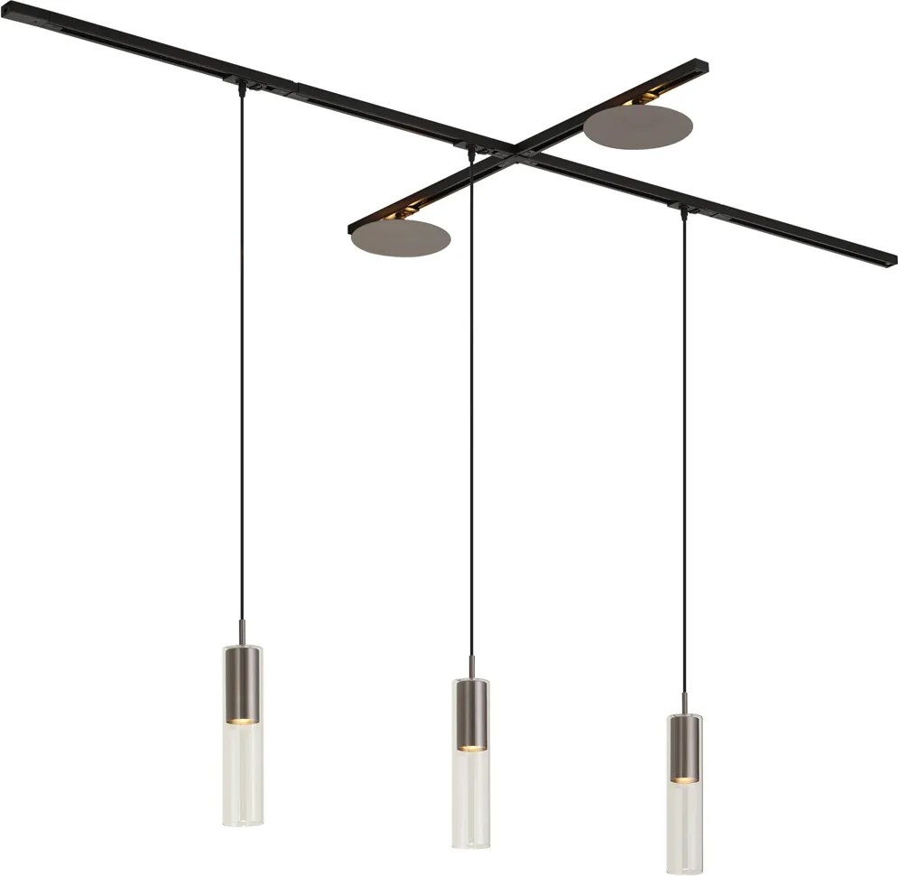 Moderní kolejnicový systém černý se 3 závěsnými svítidly a 2 stropními svítidly v barvě gunmetal 1-fázový - Iconic Lloyd Pulley