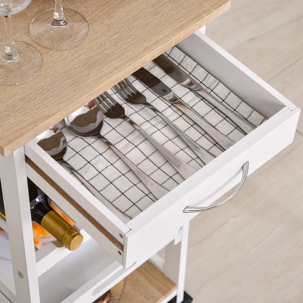 HOMCOM Kuchyňský vozík 4-patrový s kolečky a zásuvkami, regály a stojanem na víno pro kuchyň, obývací pokoj nebo jídelnu 37x37x76 cm Bílý