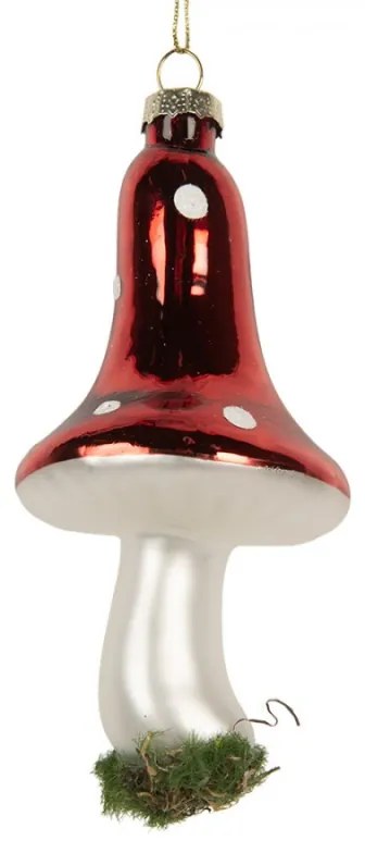 Skleněná vánoční ozdoba houbička muchomůrka s mechem – 6x12 cm