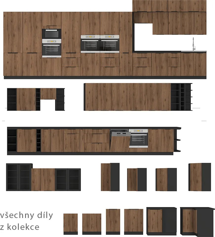 MONZA o | horní skříňka 60x60 GN-108 2F (90°) rohová s policemi | EXTRA VYSOKÁ | UNI dvířka | černá/ořech