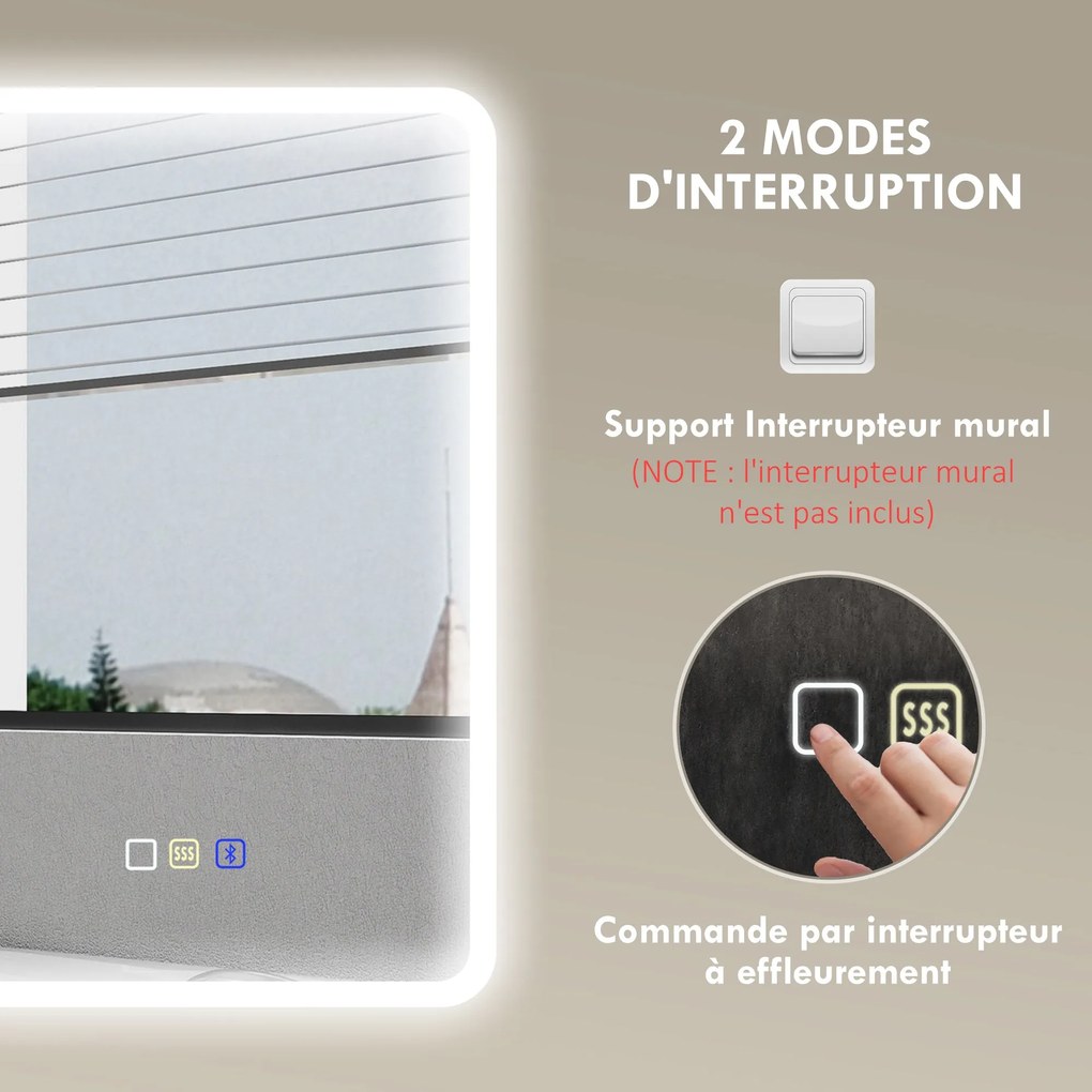 HOMCOM Bluetooth koupeln mirror 70 x 90 cm, nástěnné LED koupeln mirror s dotykovým spínačem, 3 barevné nastavení světla, proti-zamlžení, paměť - Stří