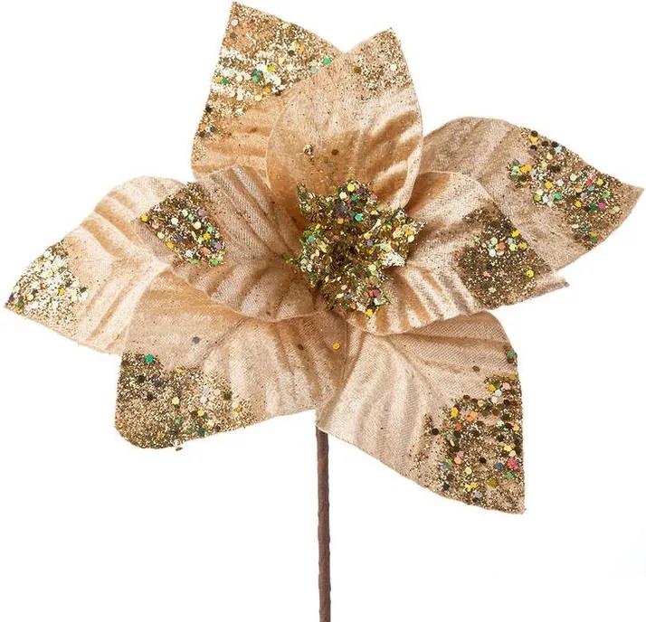 Květ POINSETTIA třpytivá 20 cm, zlatá