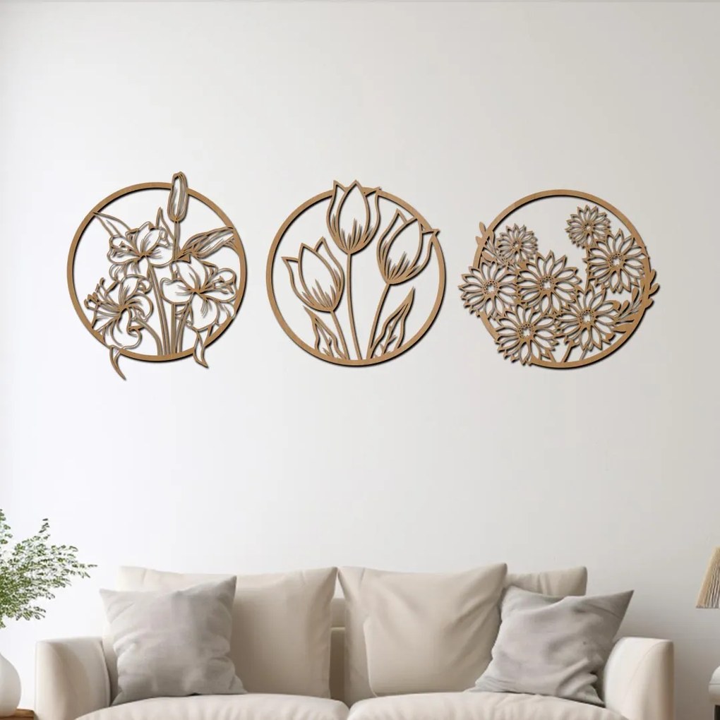 dřevo života Dřevěné dekorace na zeď KVĚTINY V KRUHU Barevný vzor: Šedá, Rozměry Ø: 40