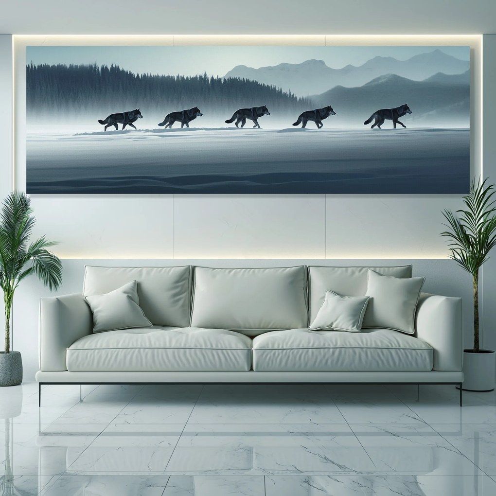 Obraz na plátně - Na Stopě, smečka vlků v zasněžené krajině FeelHappy.cz Velikost obrazu: 180 x 60 cm