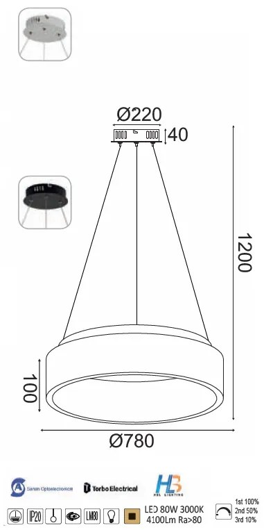 ACA DECOR LED závěsné svítidlo APOLLO 80W/230V/3000K/4100Lm/360°/IP20/DIM, Flicker free