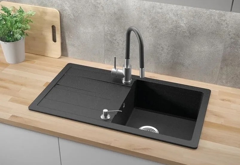 Černý kuchyňský granitový dřez QUADRON READY- MAX + BATERIE A DÁVKOVAČ NA SAPONÁT