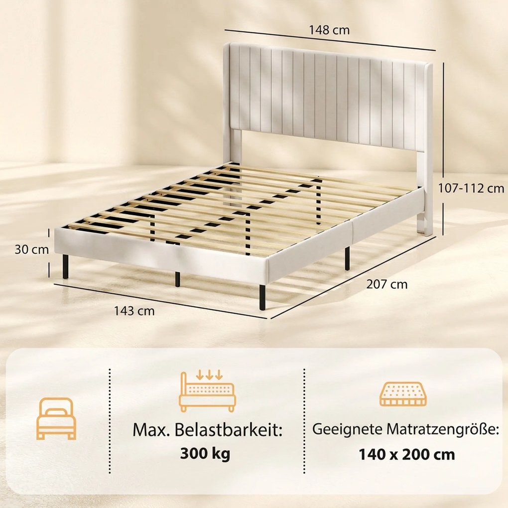 HOMCOM Postelový rám 140 x 200 cm s nastavitelným čelem, čalouněná postel se 12 laťkami, béžová
