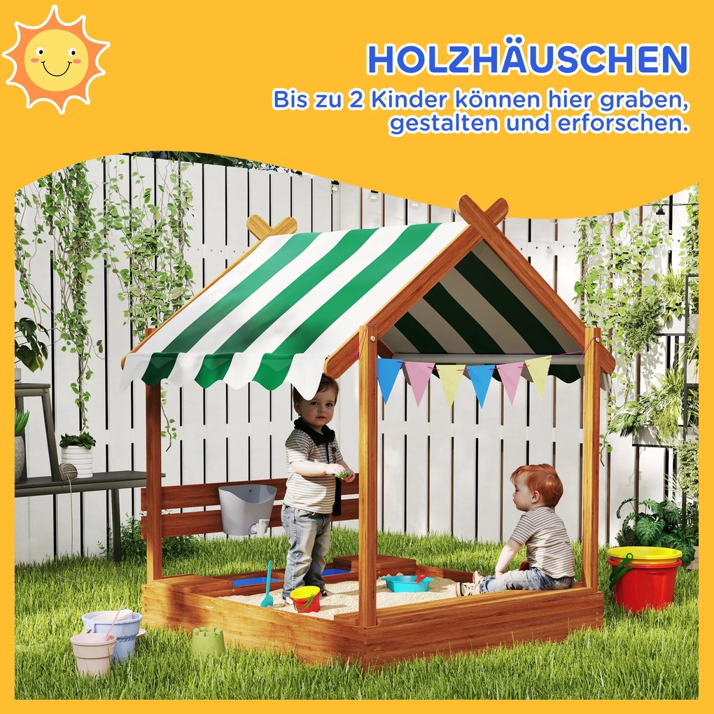 Outsunny Pískoviště s ochranou proti slunečnímu záření, design domečku na hraní, se sadou hraček, opracované masivní dřevo, 124 x 116 x 146 cm, zelen…