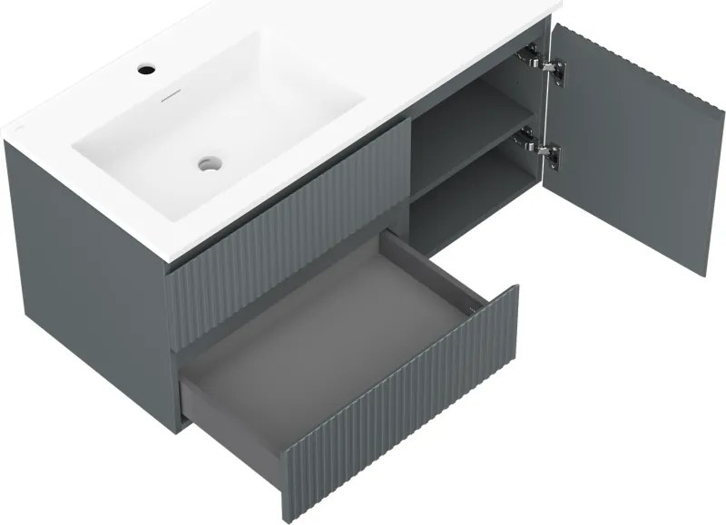 Mexen Rivel, koupelnová skříňka 100 cm s levým umyvadlem Otis, 2S, 1D, drážkovaná, grafitová/bílá matná, 91A23-10047-3-BBFFF66-W18L01