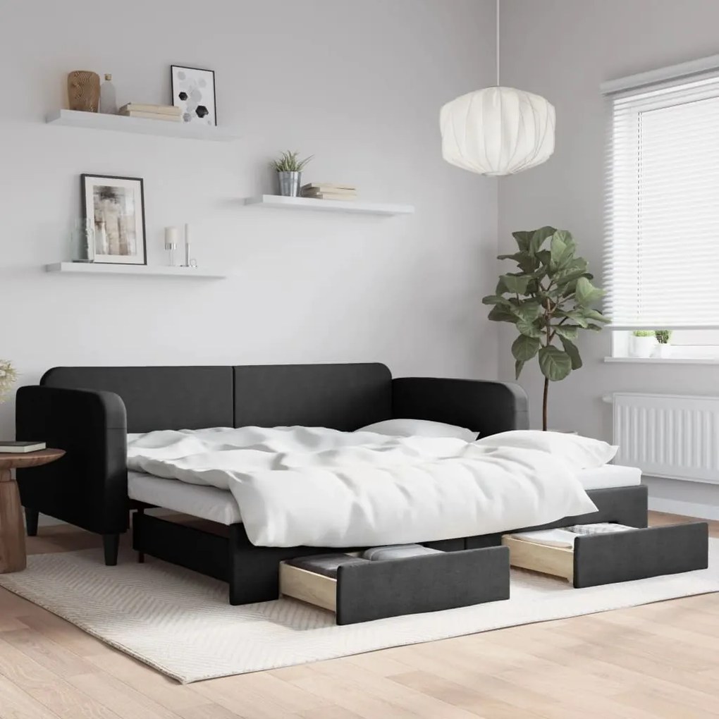 Válenda s přistýlkou a zásuvkami černá 100 x 200 cm textil 3196859