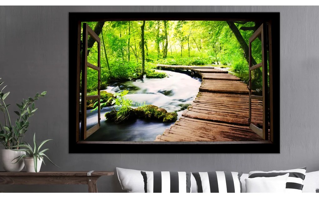 Obraz 3D okno lesní potok + háčky, hřebíčky ZDARMA Velikost (šířka x výška): 90x60 cm