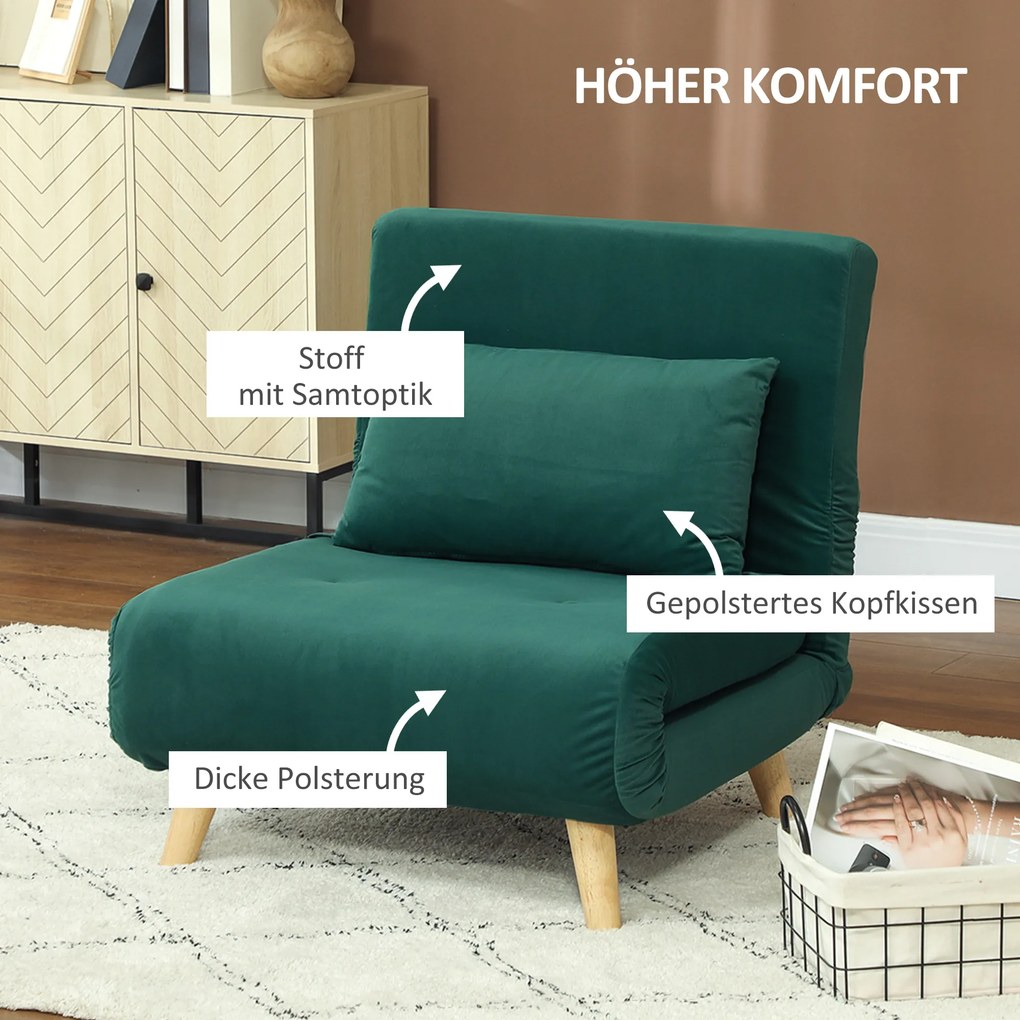 HOMCOM 3-v-1 spací křeslo, sklápěcí křeslo s funkcí spaní, nastavitelná opěrka zad Click-Clack, tmavě zelené