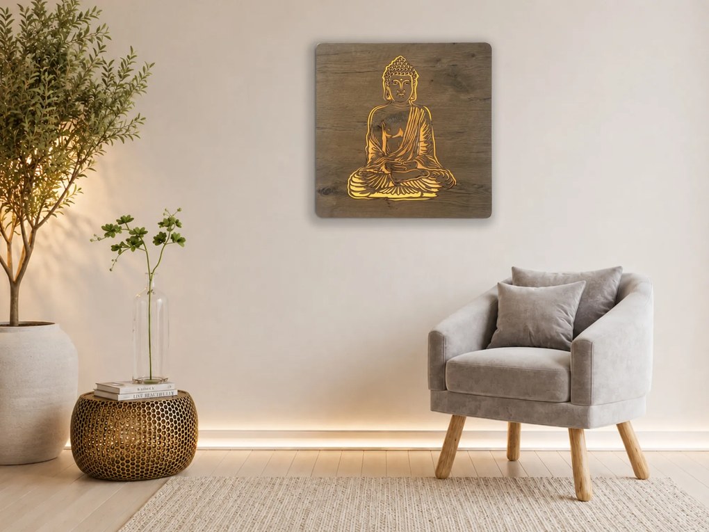 Li-Go "Buddha" světelný obraz s baterií a pohybovým čidlem 62x62 cm provedení povrchu: dub