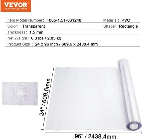 PVC chránič stolu 61 × 243,8 cm průhledný plastový o tloušťce 1,5 mm