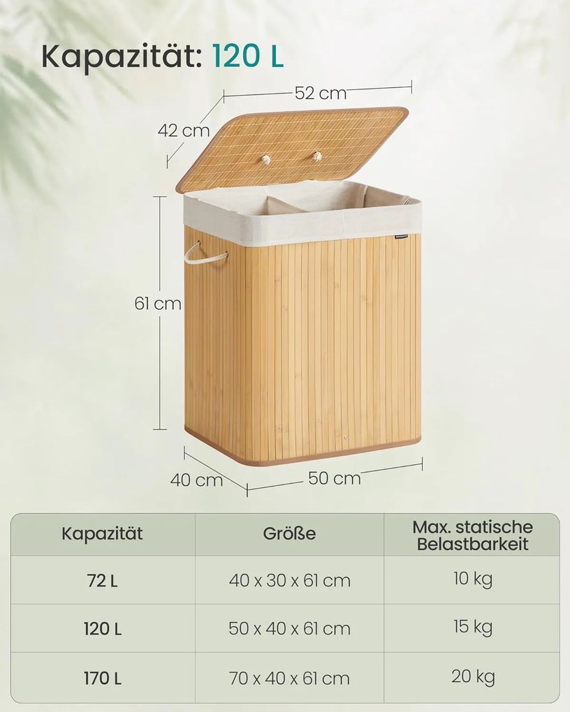 Prádelní koš s víkem, 2 přihrádky, 120 litrů, bambusový prádelní koš, přírodní