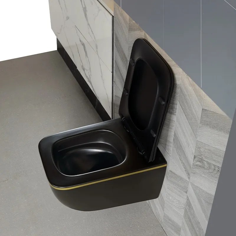 BPS-koupelny Závěsná WC mísa se SoftClose sedátkem HYD-6780, černá mat/zlatý lem