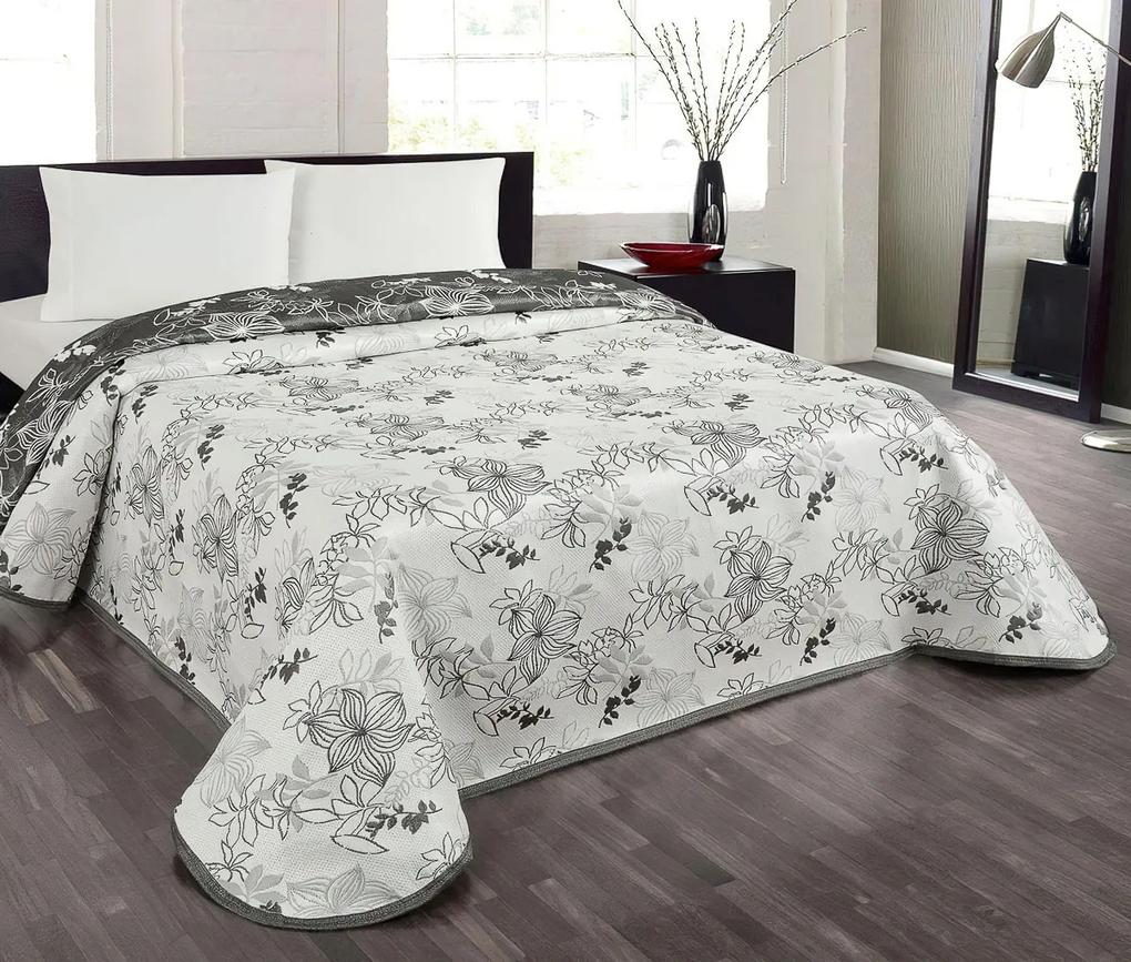 Forbyt Přehoz na postel LISABON bílý/ šedý s listy,, 140x220cm, jednolůžkový