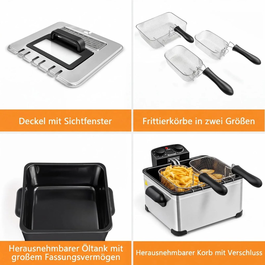Costway Fritéza s tukem 5 L z nerezové oceli 1700 W s 3 fritovacími košíky