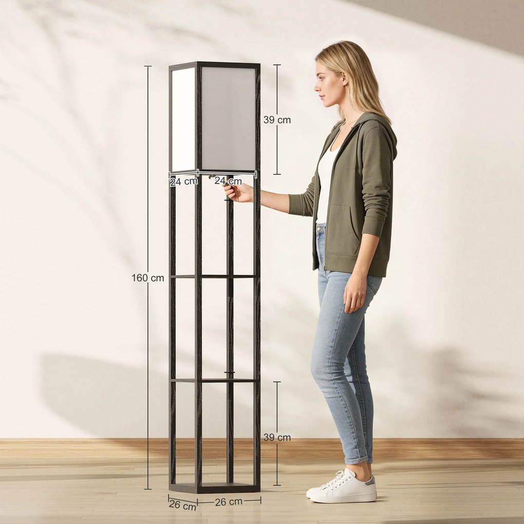 HOMCOM Stojací lampa s policemi E27 do 40 W bez žárovky, interiérové osvětlení do obývacího pokoje a ložnice, dřevo v černé barvě, 26x26x160 cm