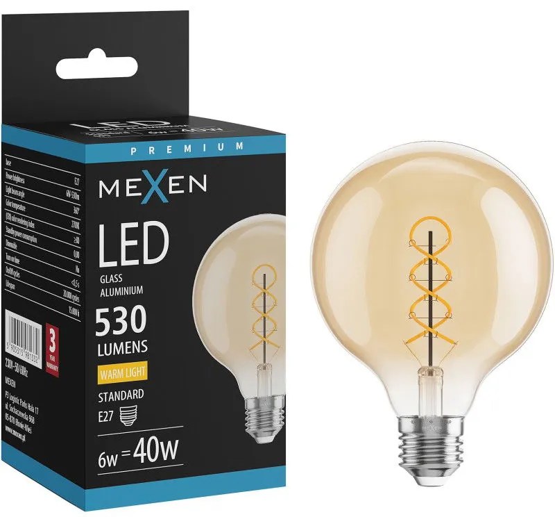 Mexen Vintis Žárovka filament spirála LED E27, G95, 6W, Teplá - 2700K, 530 lm, jantarová - L167-E27-0627-50