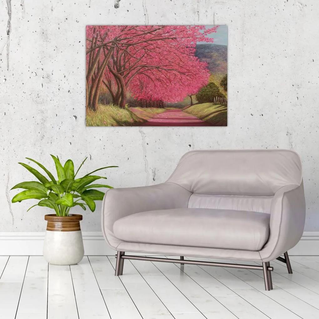 Skleněný obraz rozkvetlých stromů (70x50 cm)
