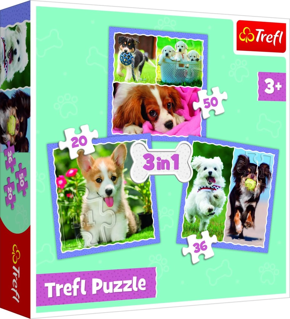 Trefl Puzzle 3v1 Štěňátka 20x19,5cm v krabici 28x28x6cm