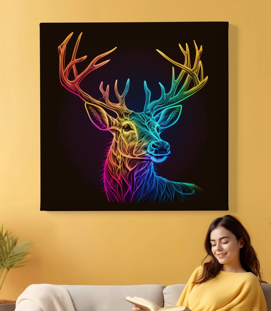 Obraz na plátně - barevný jelen, hlava FeelHappy.cz Velikost obrazu: 100 x 100 cm