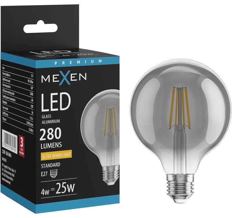 Mexen Vintis LED filamentová žárovka E27, G95, 4W, Teplá - 2200K, 280 lm, kouřová - L157-E27-0422-70