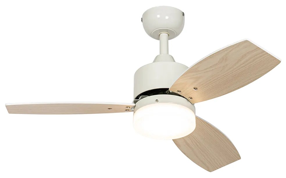 Venkovní stropní ventilátor bílý s dřevěným potiskem 91,3 cm vč. LED stmívatelný s dálkovým ovládáním IP44 - Toledo