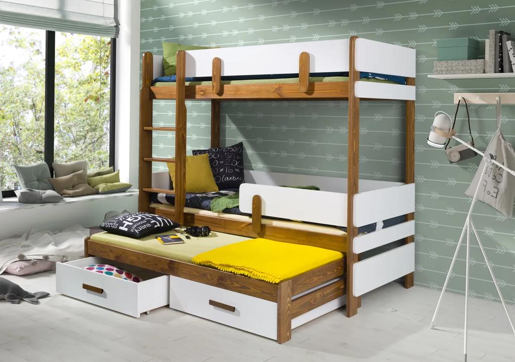 Patrová postel Ettore III - trojlůžko 90x200 cm (Š 103 cm, D 210 cm, V 171 cm), Zelený akryl, Dub šedý PVC, 3 ks matrace (2 ks hlavní + 1 ks přistýlka), se zábrankou, žebřík na levé straně